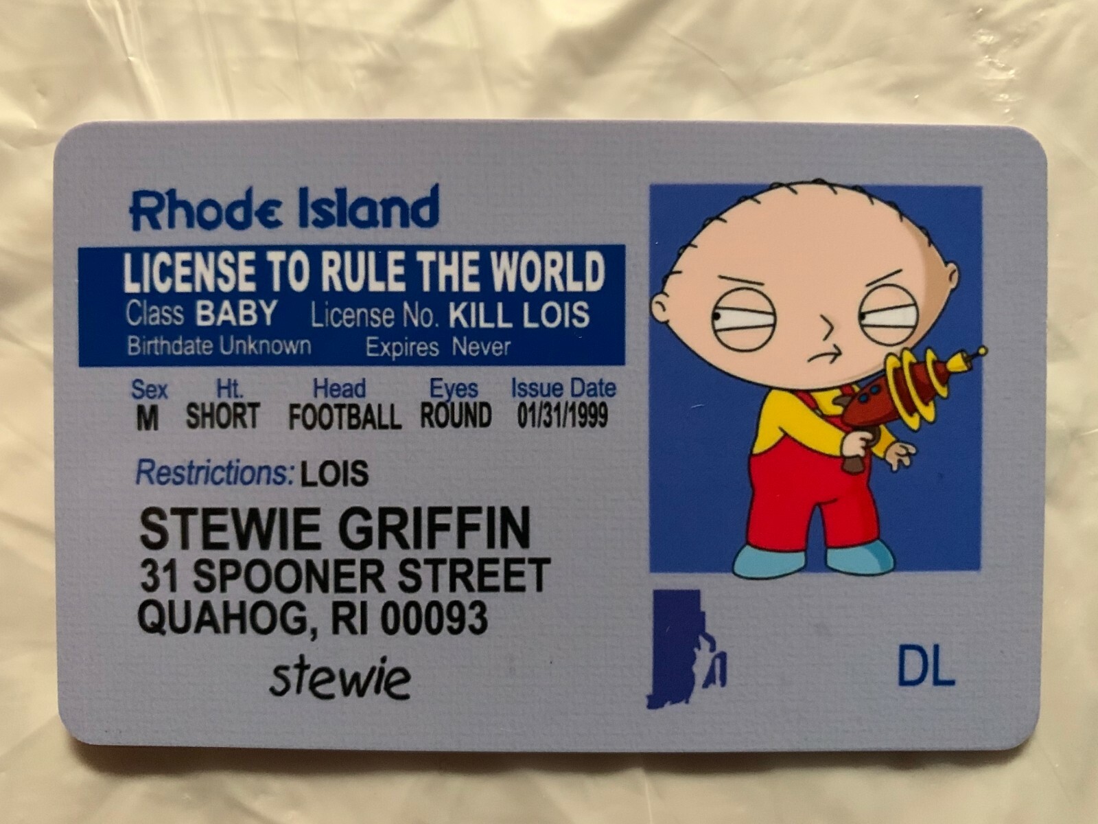 Stewie Griffin Family Guy Rhode Island Drivers License Novelty ID ...