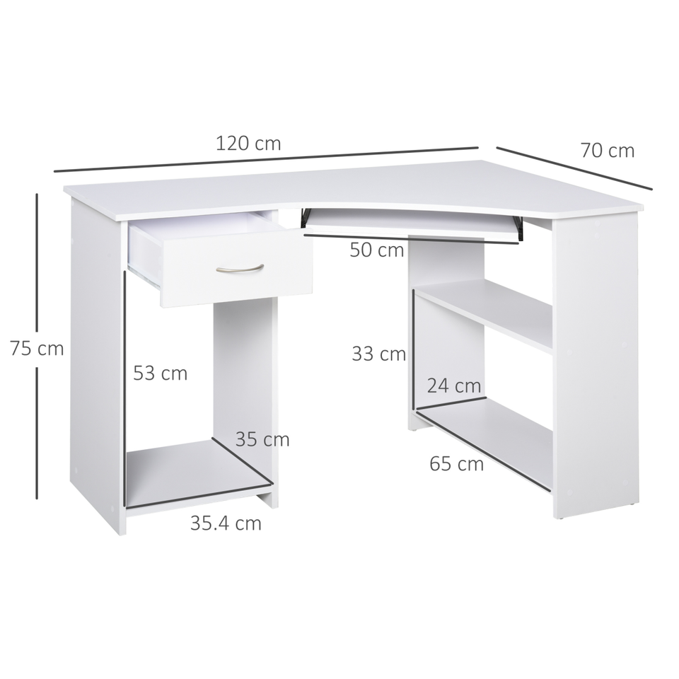 L-Shaped Corner Computer Desk w/ 2 Shelves Worktop Keyboard Tray White ...