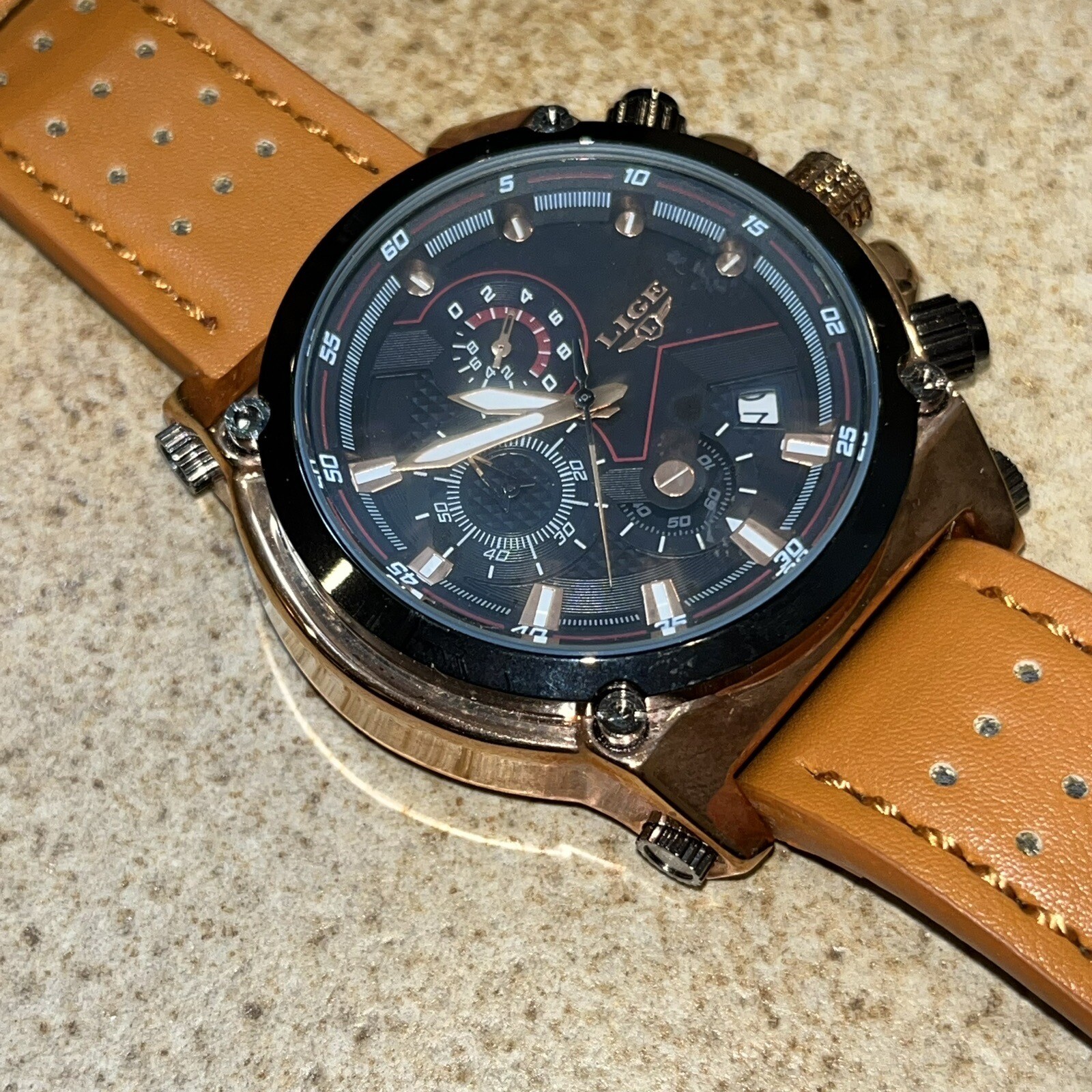 Lige Quartz Watch 1853 Chronograph 48mm Brown Band Runs Great Shape ...