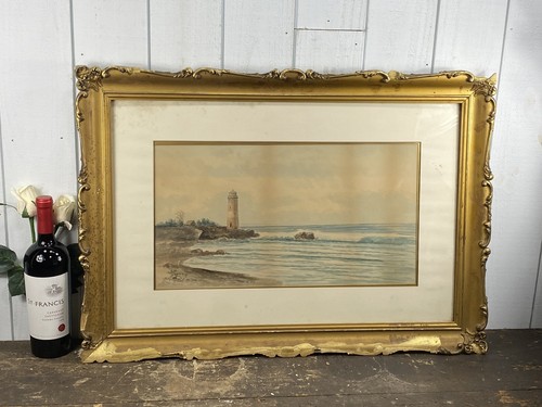 New England Watercolor Painting Signed”HELMAN”Lighthouse Seascape Gilt ...