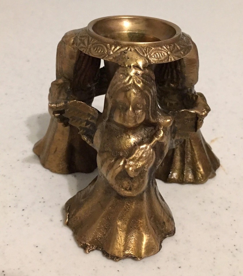 Cherub Brass Candle Holder Triple Winged Angel Musical Instrument 2.75 ...