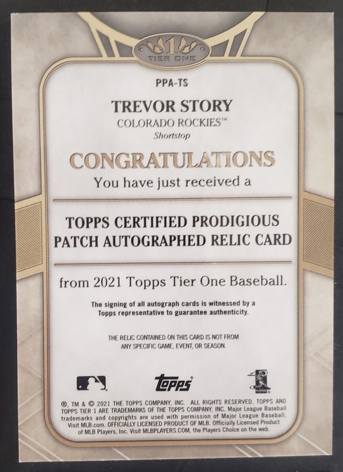 2021 TOPPS TIER ONE TREVOR STORY SSP AUTO JUMBO PATCH LETTER RELIC #/10 ...