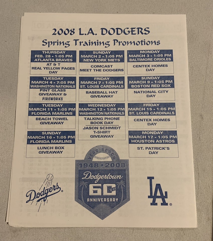 Vintage 2008 Vero Beach Los Angeles Dodger Spring Training Pamphlet ...