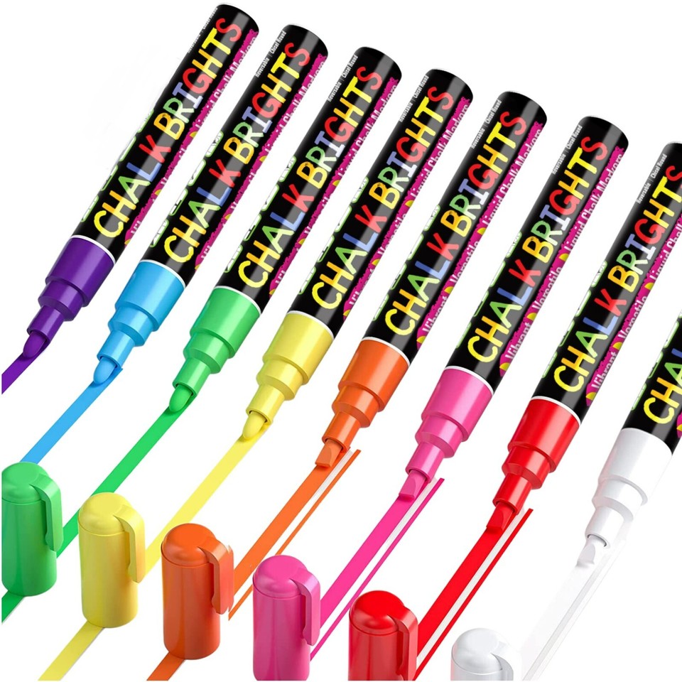 8 Liquid Chalk Pens Marker Reversible Neon Colours whiteboeard Wipe ...