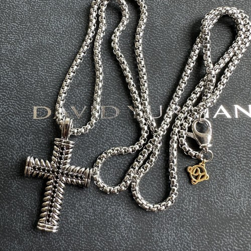 David Yurman Sterling Cable Cross Pendant w/ Box 3MM Chain Necklace ...