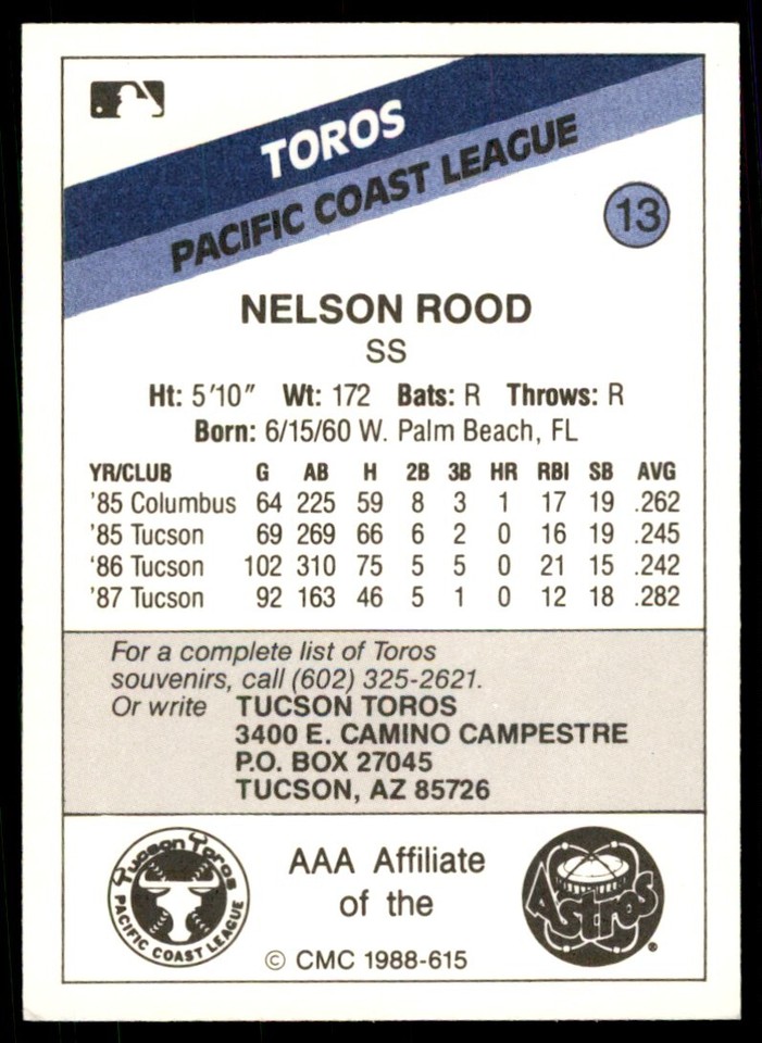 1988 CMC MINOR LEAGUE NELSON ROOD TUCSON TOROS #13 | eBay