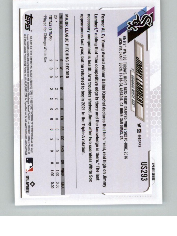 2021 Topps Update Jimmy Lambert US293 RC Chicago White Sox | eBay