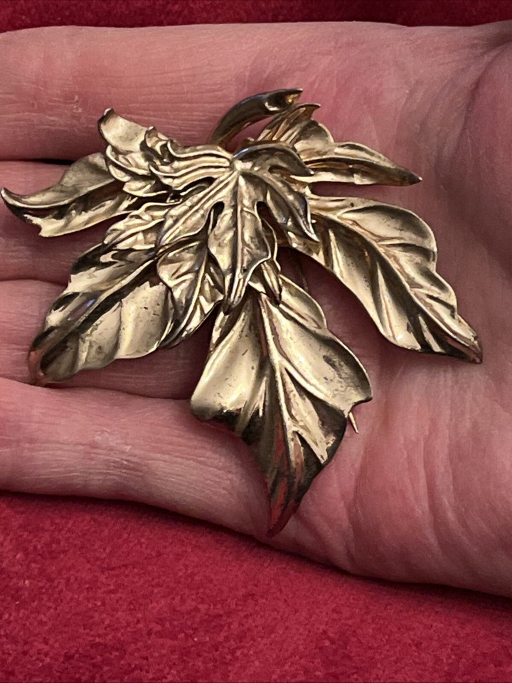 Vintage Sign Nettie Rosenstein Sterling Gold Wash Heavy Leaf Fur Pin ...