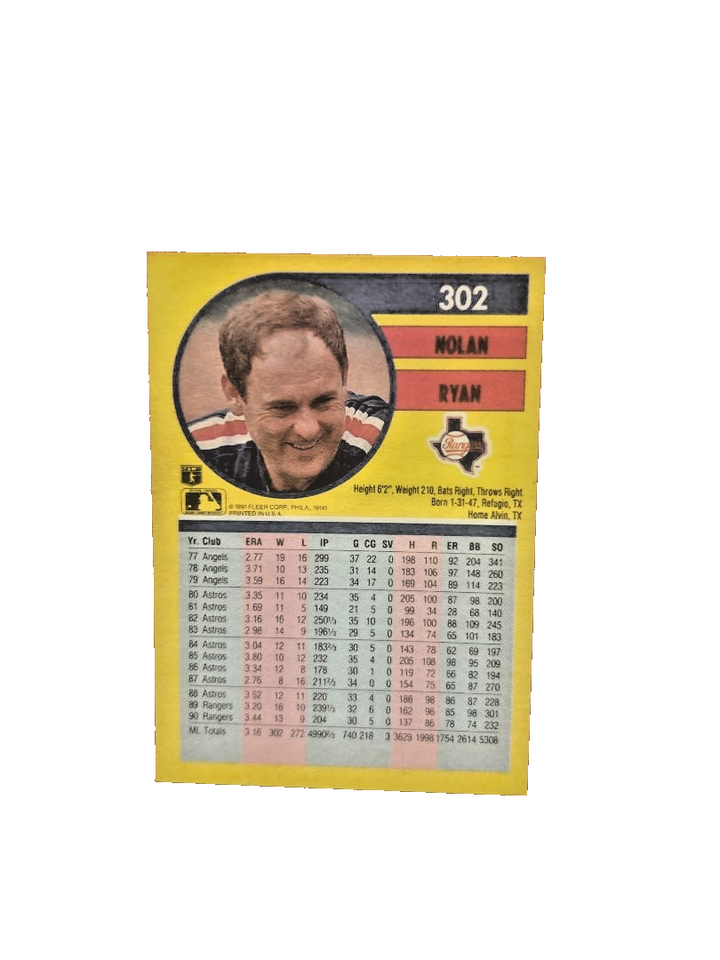 1991 Fleer - Nolan Ryan #302 Divider Line after 1980 Astros - Yellow ...