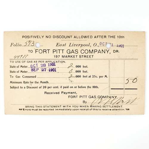 Fort Pitt Gas Company Postcard c1901 East Liverpool Ohio Utility Bill ...