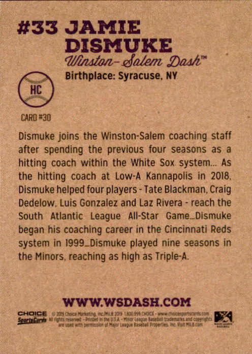 2019 Winston-Salem Dash Choice #30 Jamie Dismuke Syracuse New York ...
