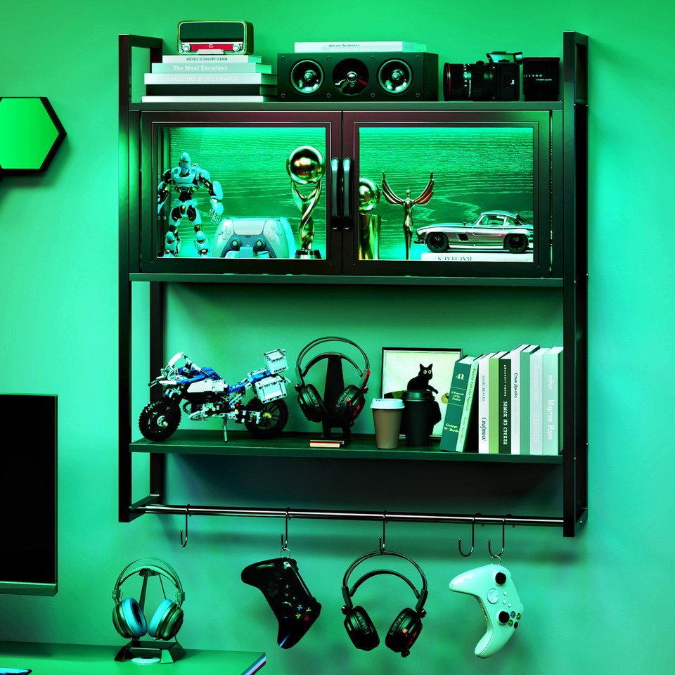 TC-HOMENY LED Gaming Floating Shelves Wall Mounted Display Wood Decor ...