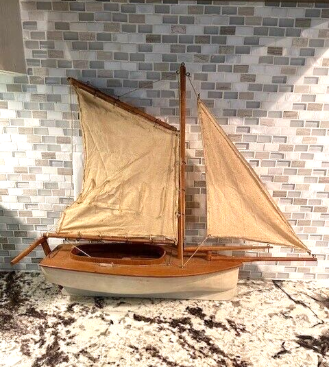 Vintage Racer 22” Wood Pond Boat Cloth Sails Model Sailboat Sloop Boat ...