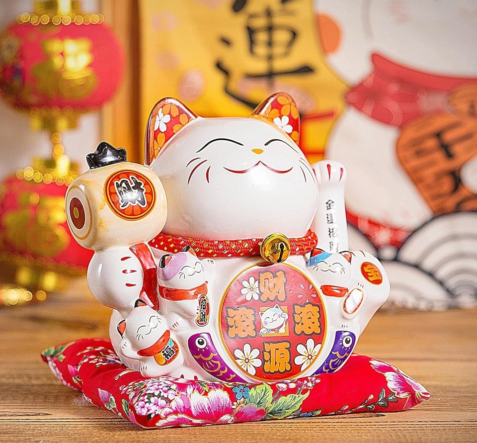 Large Ceramic Maneki Neko Beckoning Lucky Money Cat Waving Arm Good ...