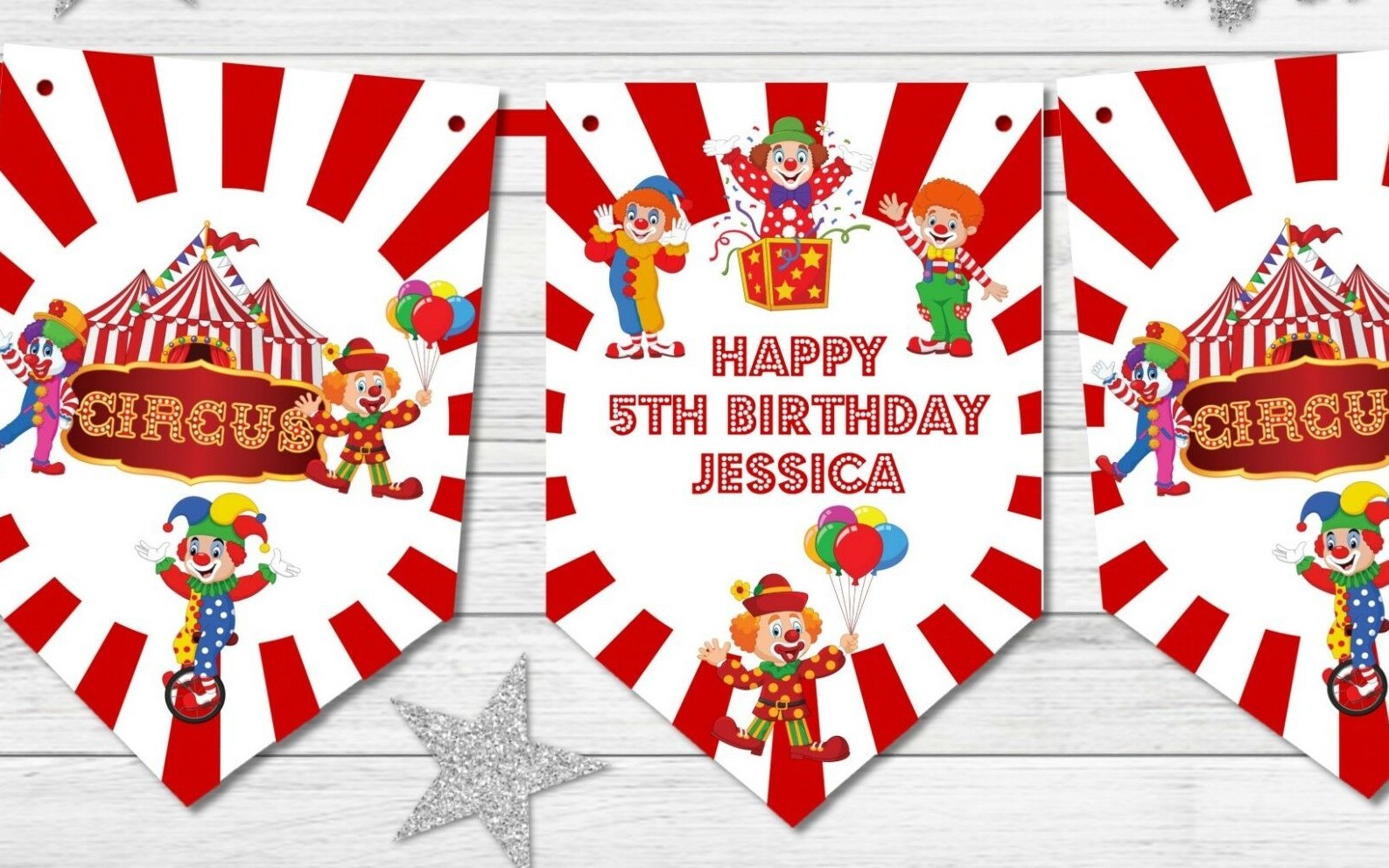 Personalised Circus Clowns Party Bunting/Banner & Ribbon - 3m | eBay