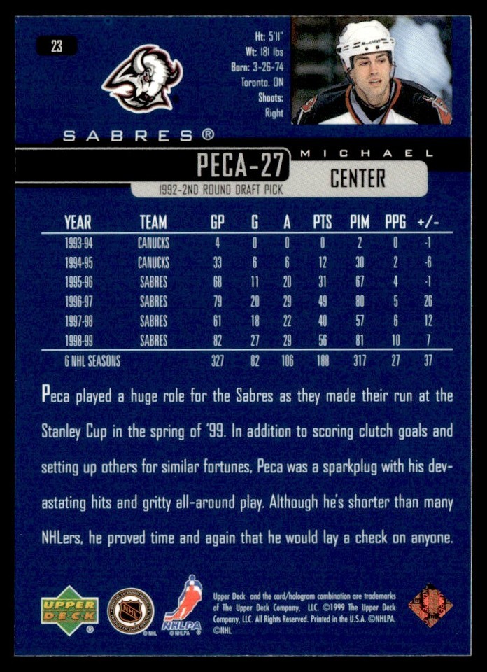 1999-00 Upper Deck Michael Peca Buffalo Sabres #23 | eBay