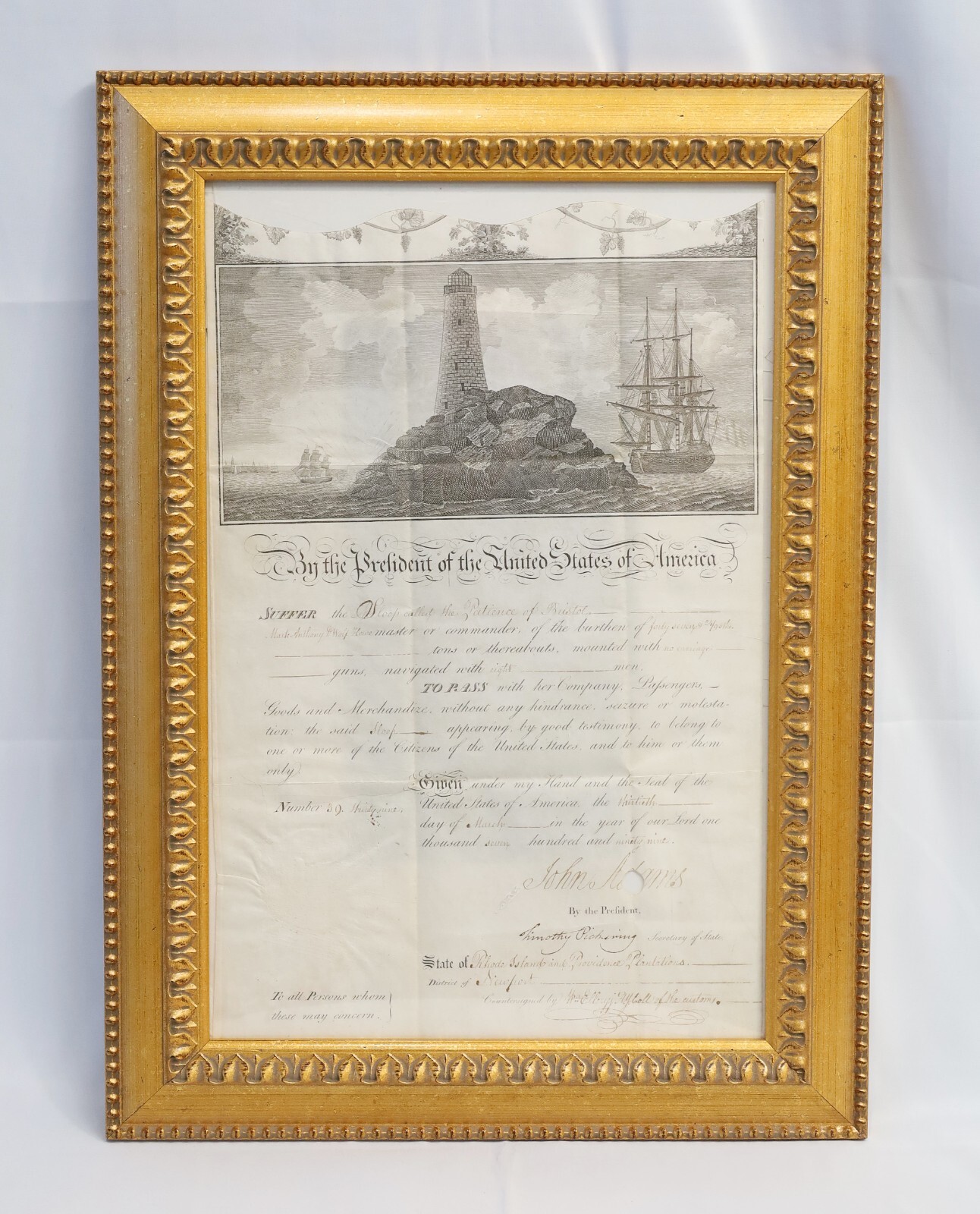 Ship's Passport Signed by President John Adams , Sec. of State Timothy ...