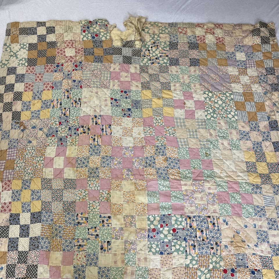 Antique Cutter Quilt Patchwork 64x80” 9 Patch Florals Stained Ripped | eBay