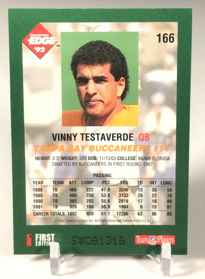Vinny Testaverde 1992 Collector's Edge First Edition #166 Tampa Bay ...