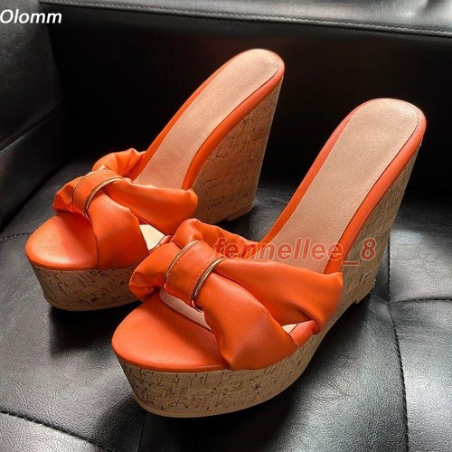 Women Platform Mules Sandals Wedges Heels Round Toe Orange Shoes US ...