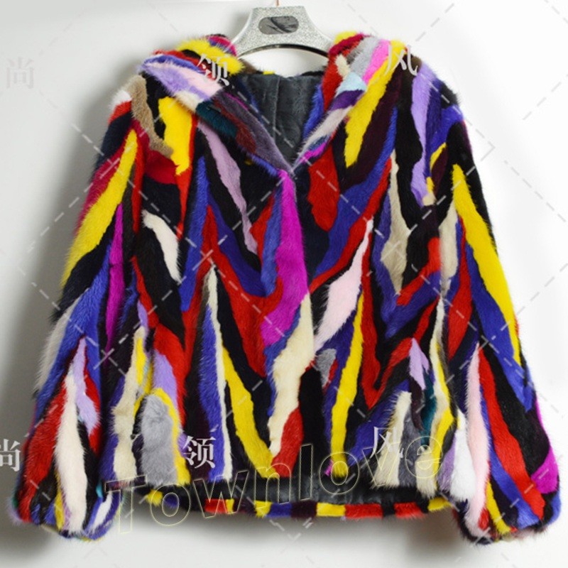 New Women Fashion Hooded Colorful Genuine Mink Fur Jacket Fur Coat ...