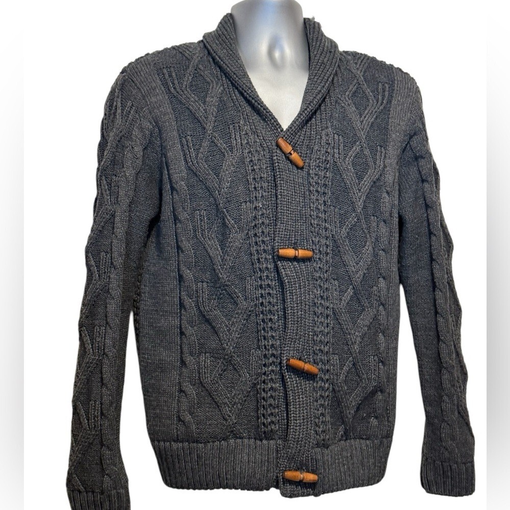 XRAY Faux Waffle Faux Shearling Cable Knit Gray Cardi… - Gem