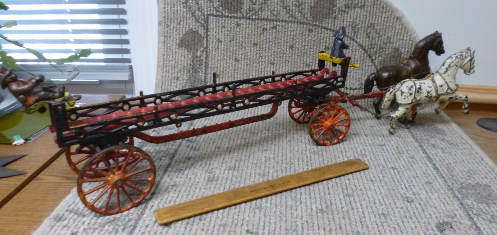 Antique Ives Phoenix 27" Tandem Horse Drawn Cast Iron Fire Ladder Truck ...