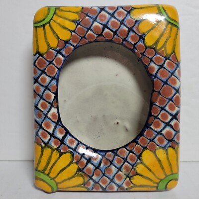 Mexican Talavera Pottery Picture Frame Blue Yellow Flowers Floral 4.5 ...