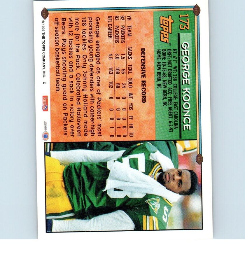 George Koonce 173 Packers 1994 Topps NFL Football Trading Card | eBay
