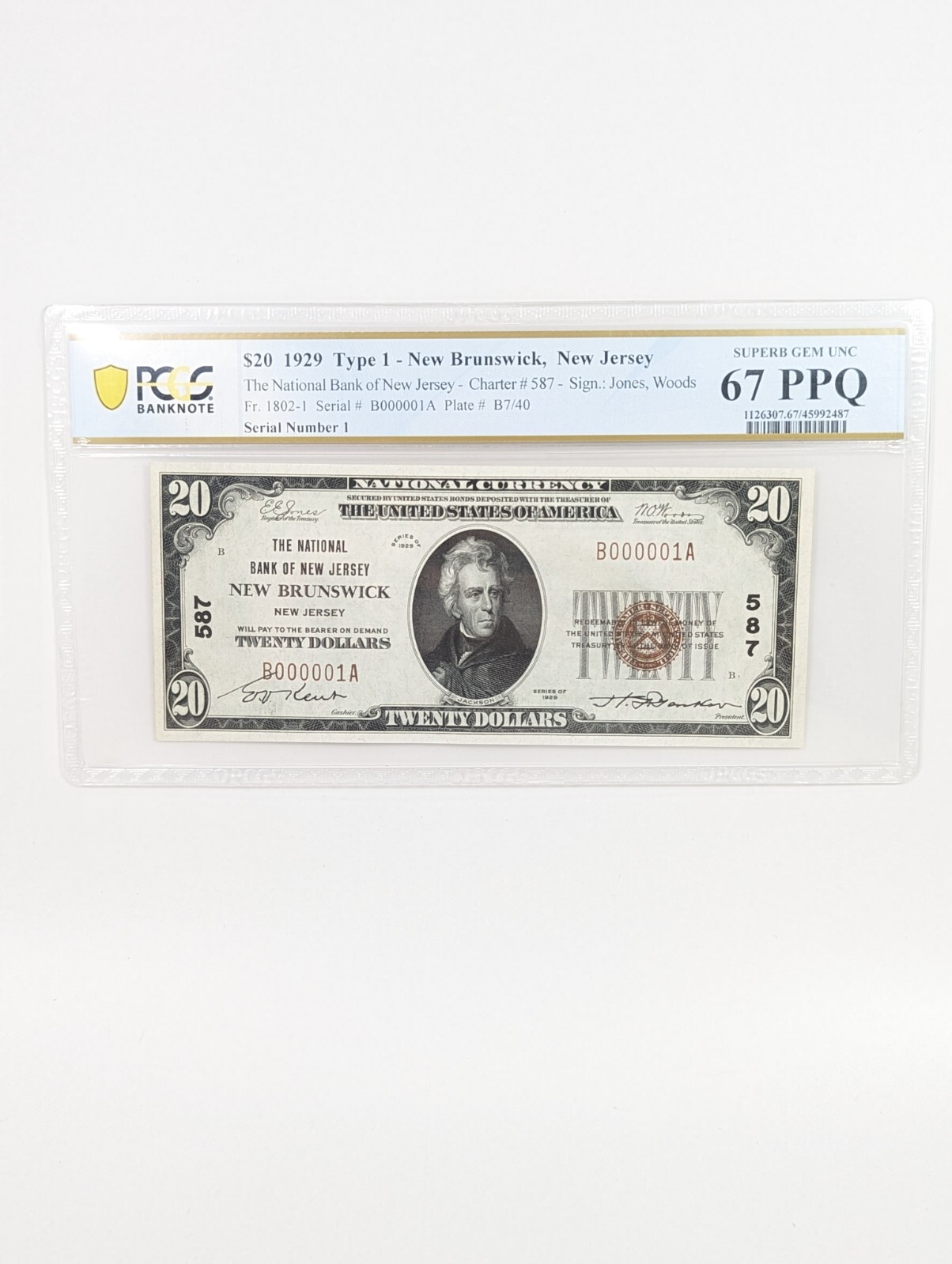 1929 $20 New Brunswick, NJ Note Serial Number 1 PCGS 67 PPQ The ...