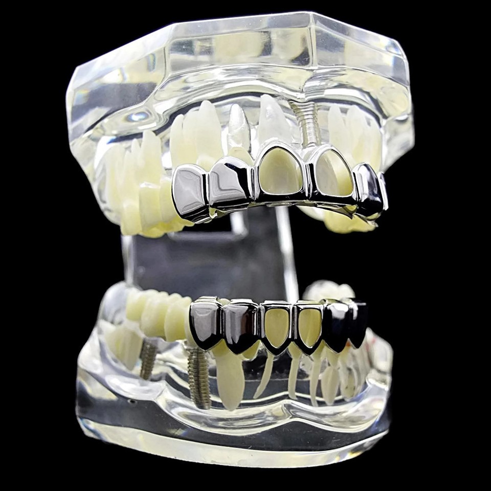 Two Open Face Front Teeth Grillz Set Silver Tone Top And Bottom Hip Hop ...