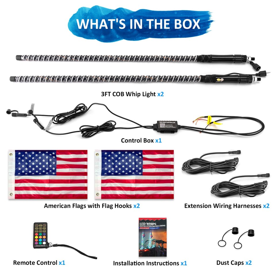 2PCS 3FT Whip Lights W/COB LED Chips Flag Remote For UTV ATV APP ...