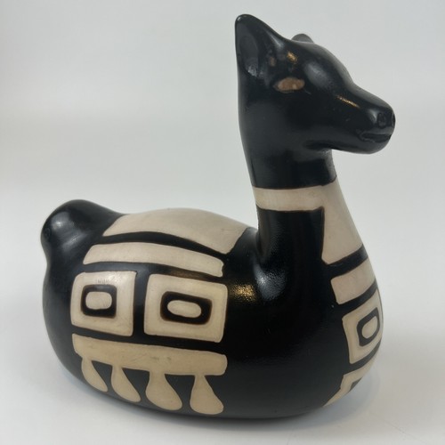South American Clay Folk Art Llama Alpaca Sculpture Black White Tribal ...
