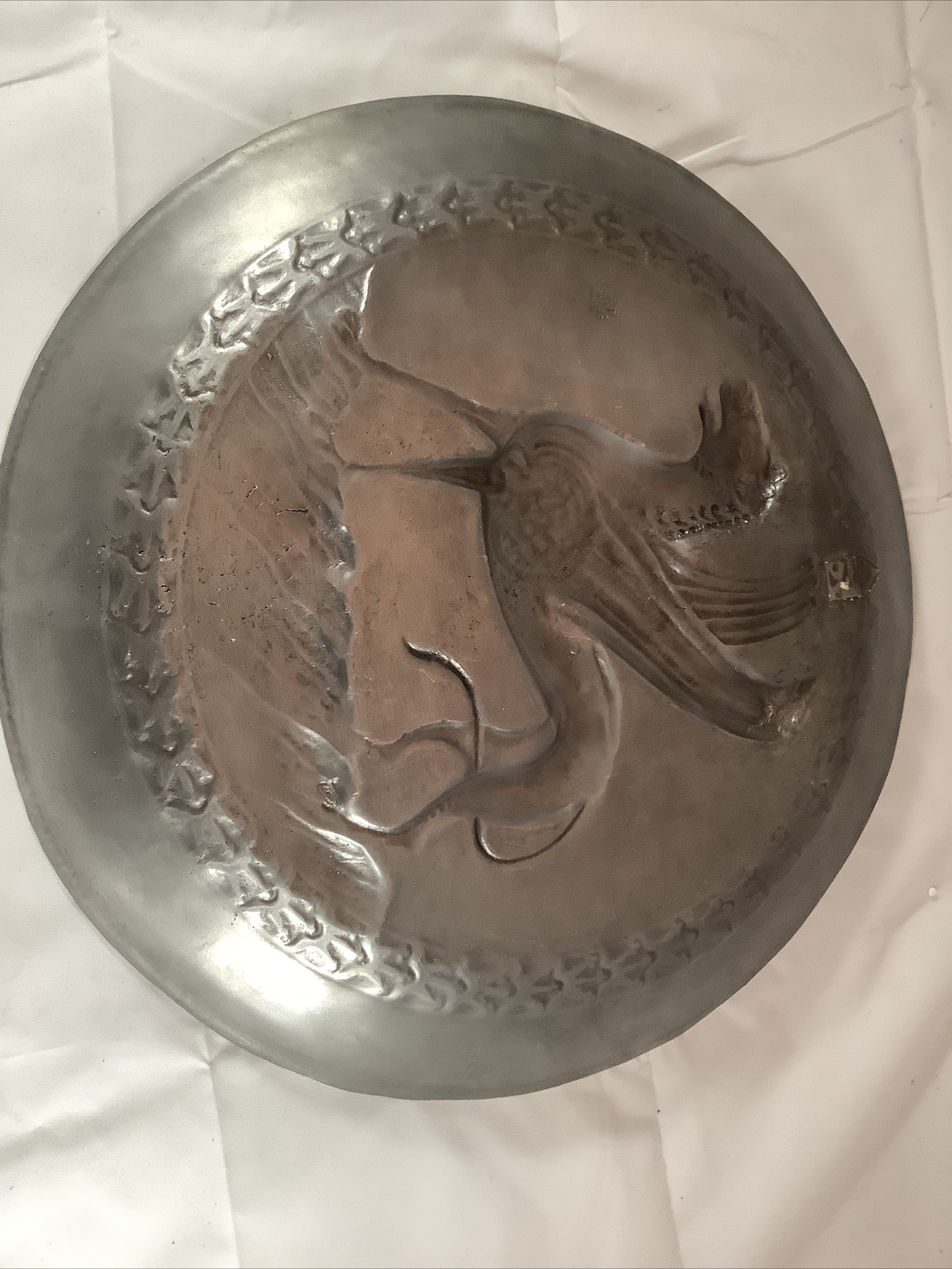 Vintage 15.5” Etain Fin Pewter Charger Wall Plate Mythological Winged ...
