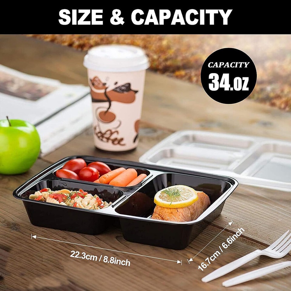 34 OZ Meal Prep Containers 3 Compartment with Lids Disposable Food ...