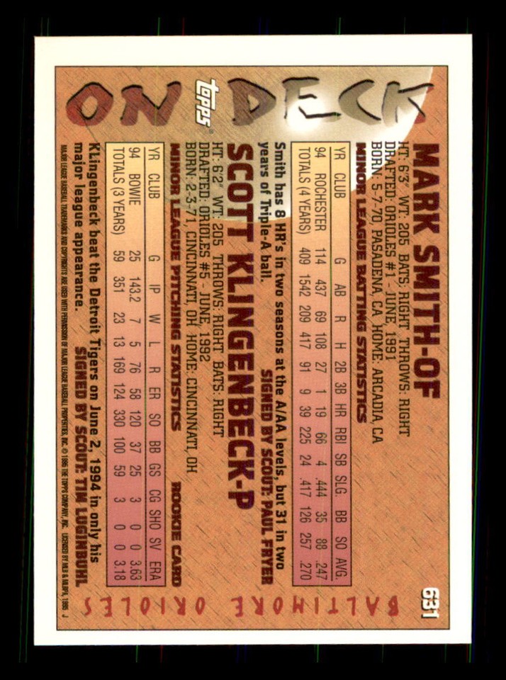 1995 Baseball Topps Mark Smith / Scott Klingenbeck OD Baltimore Orioles ...