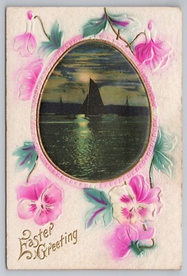 Easter Greeting Inserted Sailboat Scene Air Brushed Pansies Gold Gilt ...