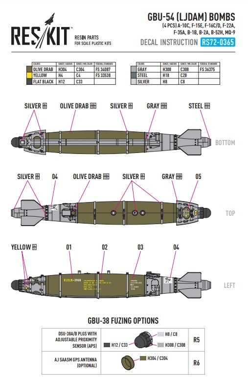 ResKit RS72-0365 Scale kit 1:72 GBU-54 (LJDAM) bombs (4pcs) Upgrade set ...