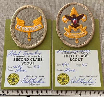 2 Circa 1990 FIRST & SECOND CLASS RANK Boy Scout Uniform Badge PATCHES ...