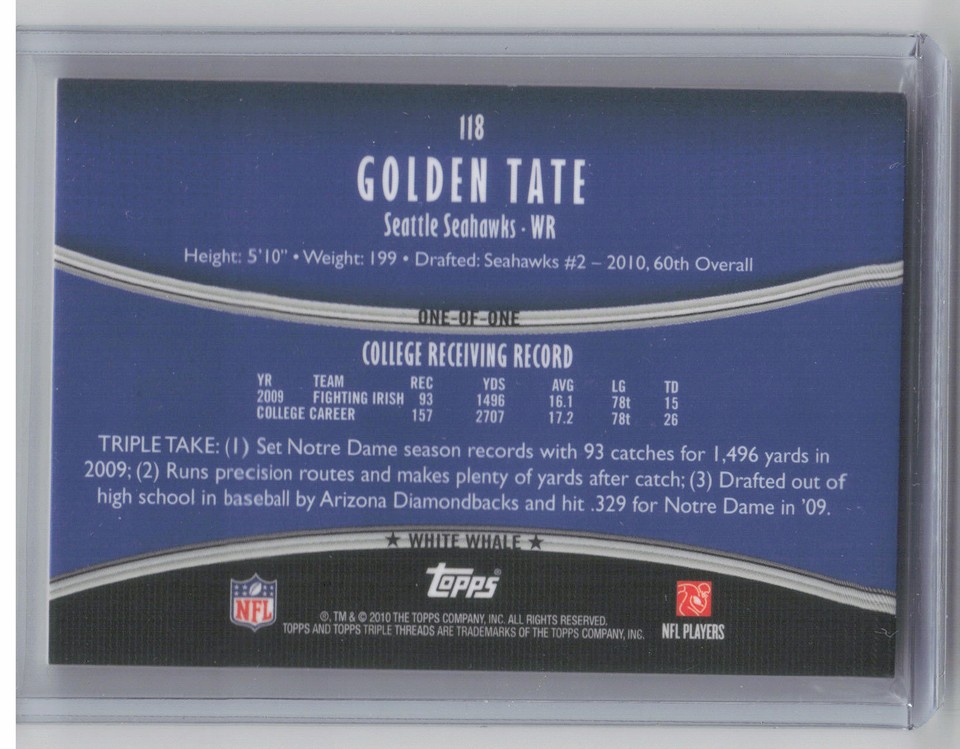 2010 Topps Triple Threads #118a Golden Tate Printing Plates Cyan RC ...
