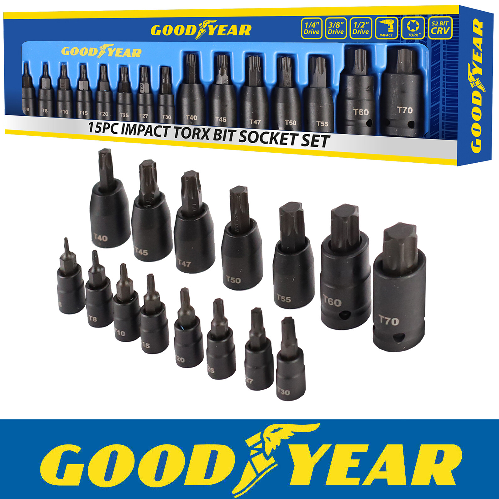 Goodyear 15pc Impact Torx Bit Socket Set 1/4 3/8 1/2 T6-T70 TRX-Star ...