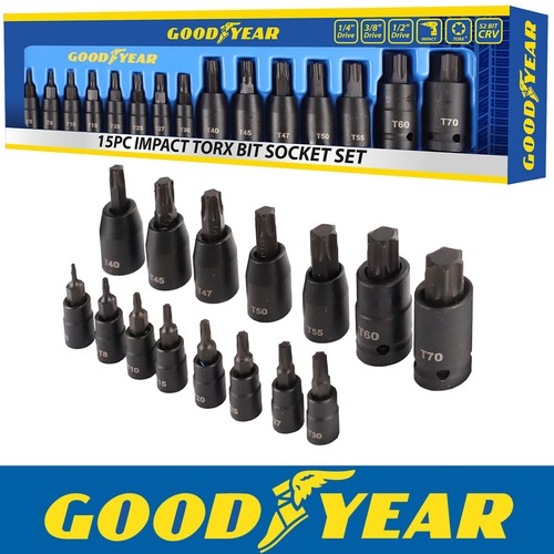 Goodyear 15pc Impact Torx Bit Socket Set 1/4 3/8 1/2 T6-T70 TRX-Star ...