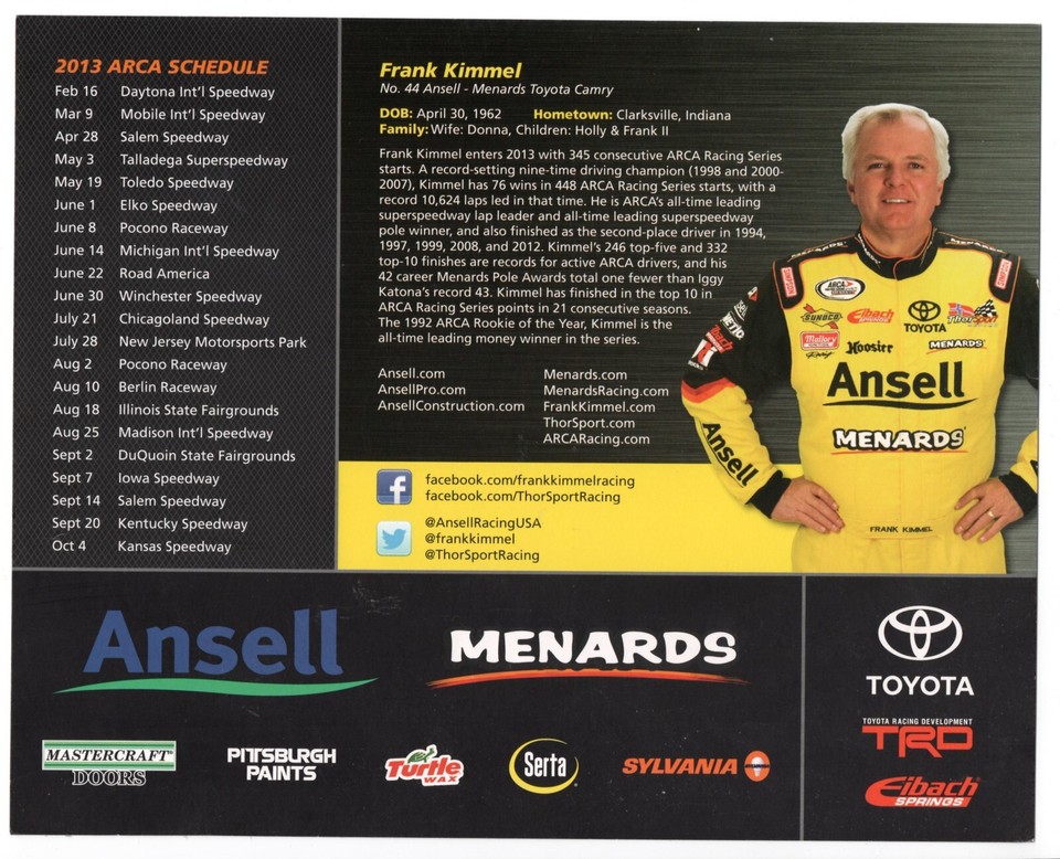 NASCAR Driver Frank Kimmel #44 Autograph Signed ARCA Ansell 2013 10x8 ...