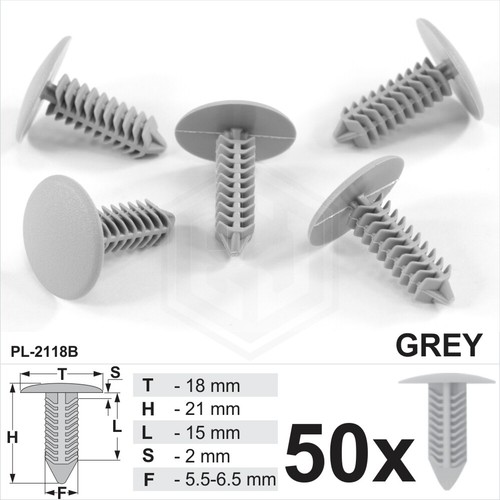 50 x Grey Plastic Fir Tree Trim Clips 6mm Hole 18mm Head Car Van Push ...