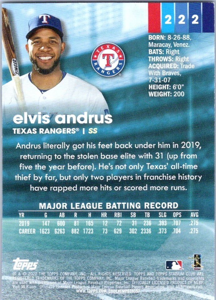 2020 STADIUM CLUB ELVIS ANDRUS TEXAS RANGERS #222 | eBay