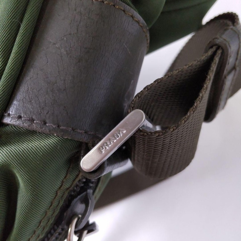 PRADA Triangle Logo Plate Shoulder Bag Khaki Nylon Authentic | eBay ...