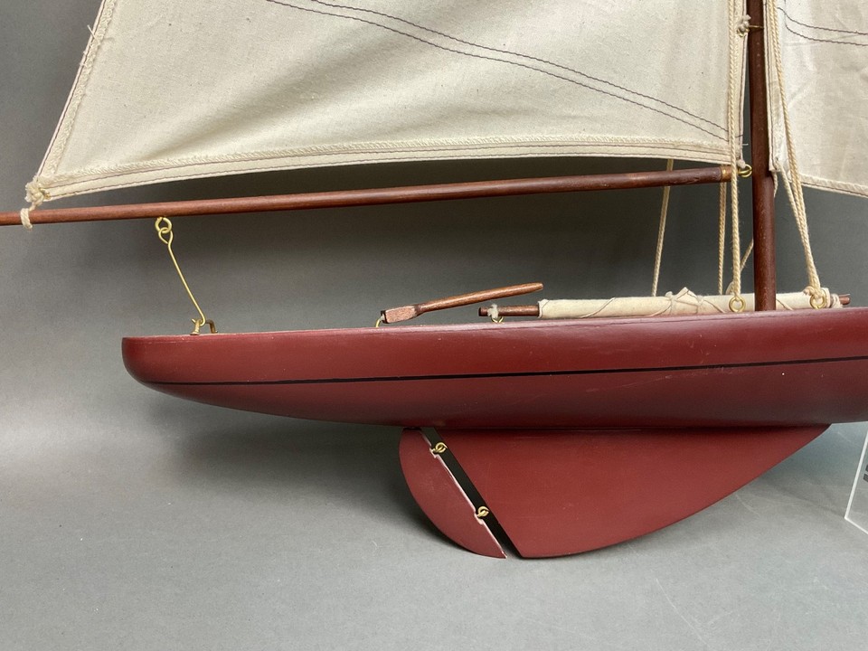 Lg Vintage Wooden Pond Yacht Model Sailboat w/ Sail Cloth 24" Long X 30 ...