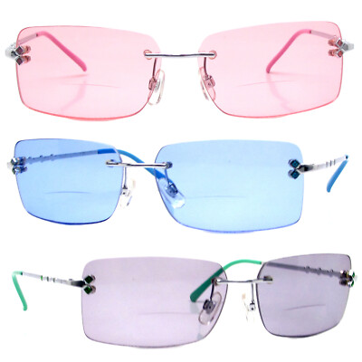 Women Sun Readers Tinted Bifocal Rimless Square Frame Sun Reading ...