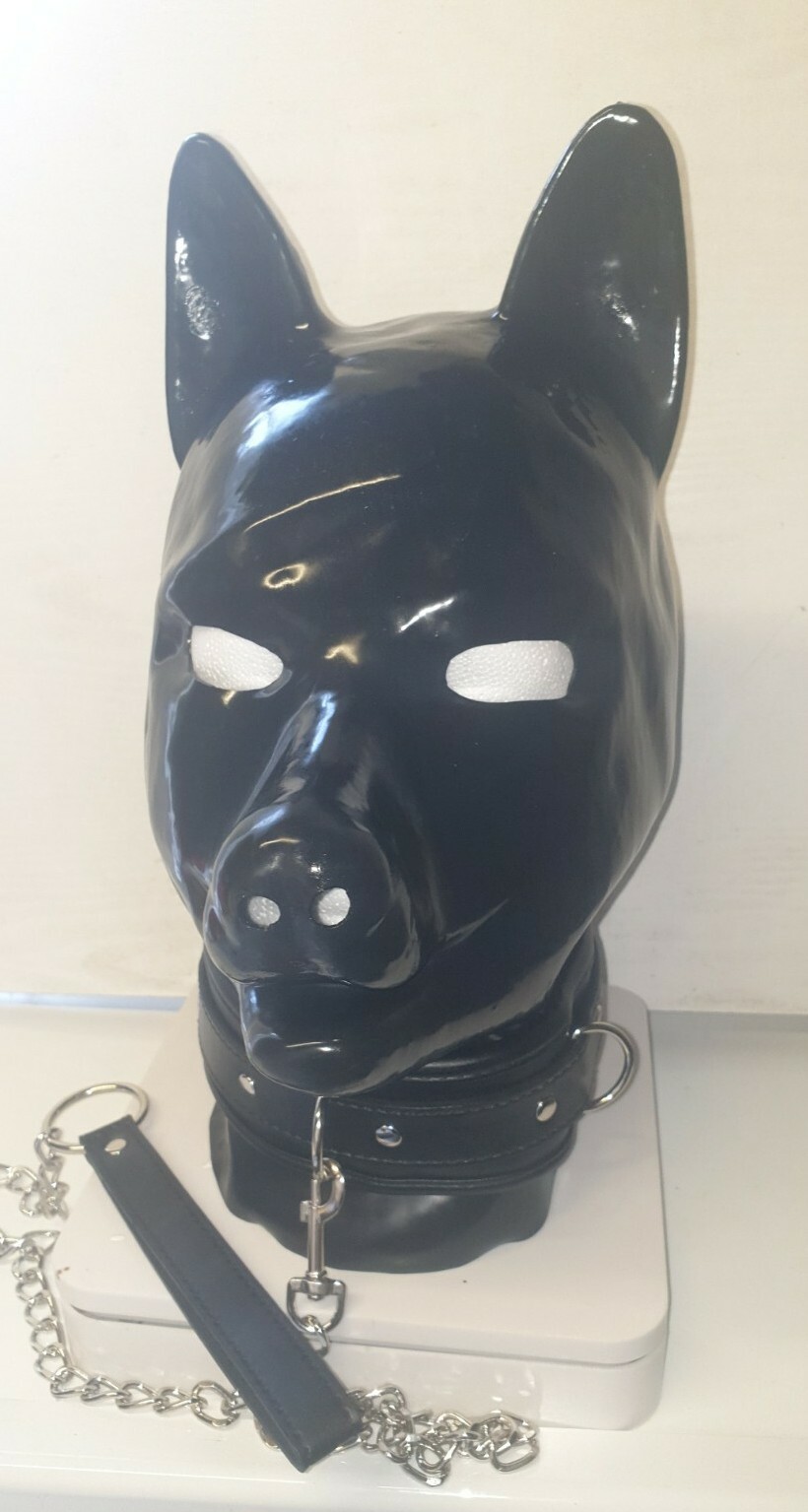 BLACK LATEX PUPPY HOOD RUBBER DOG FETISH BONDAGE MASK + COLLAR CHAIN ...