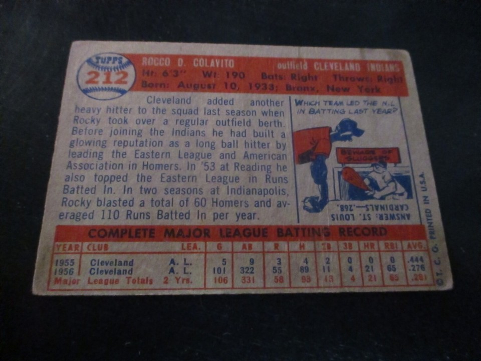ROCKY COLAVITO (cleveland indians) 1957 topps ROOKIE card #212 ...